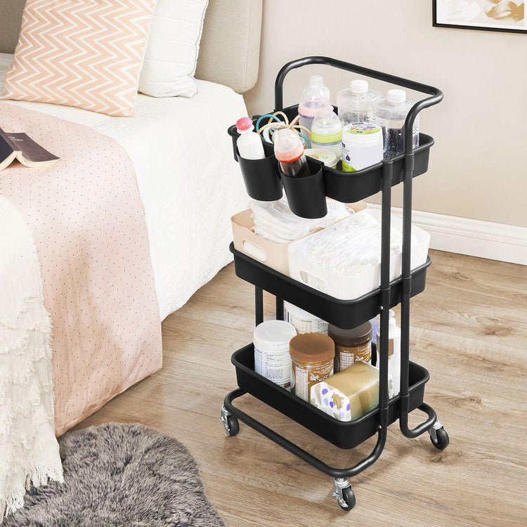 Mueble Auxiliar Multiusos Rolling, Negro, con Tres niveles y Rodachine ...